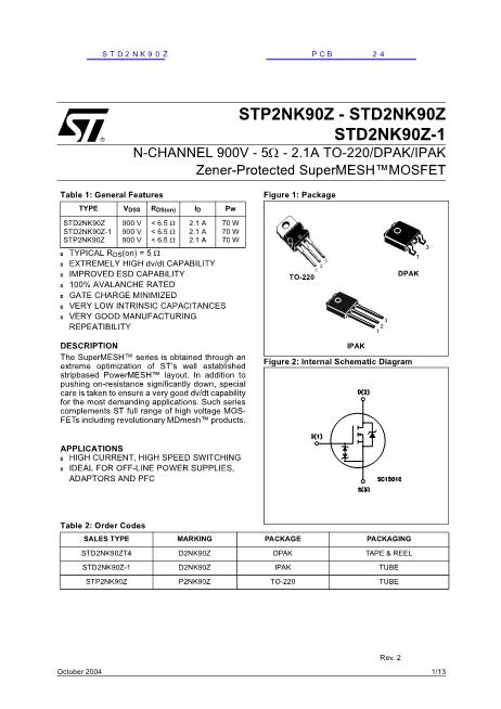 STD2NK90Z Datasheet_PDF文件下载_芯片资料查询_维库电子市场网