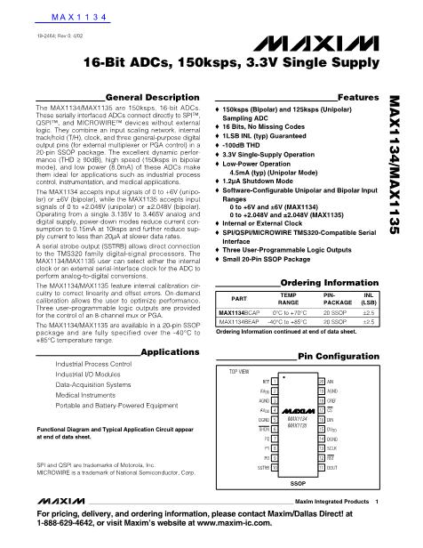 Max1134 Datasheet Pdf文件下载 芯片资料查询 维库电子市场网