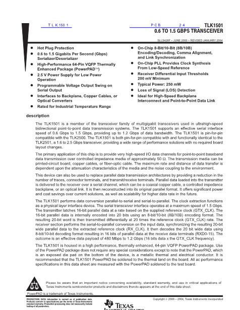 TLK1501 Datasheet_PDF文件下载_芯片资料查询_维库电子市场网