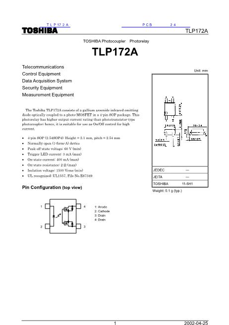 TLP172A Datasheet_PDF文件下载_芯片资料查询_维库电子市场网