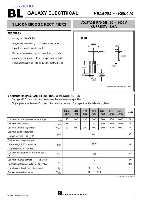 KBL608 Datasheet_PDF文件下载_芯片资料查询_维库电子市场网