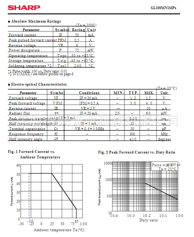 GL100MN1MP 红外线发射二极管 夏普SHARP 940NM_光电子/光纤/激光_维库电子市场网